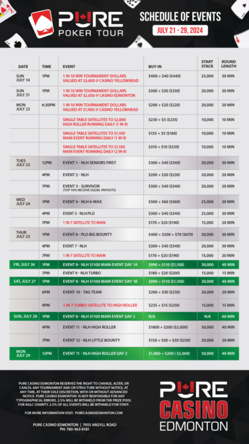 24/7 Poker Calendar - PURE Casino Yellowhead