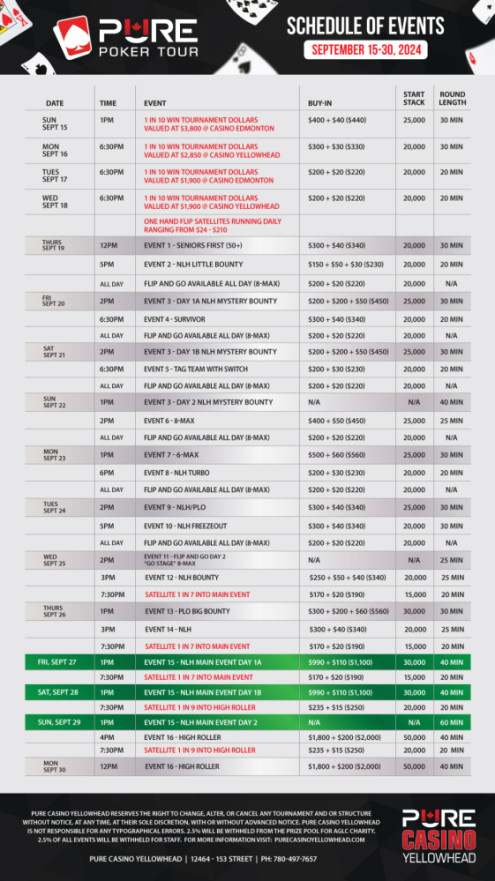 24/7 Poker Calendar - PURE Casino Yellowhead